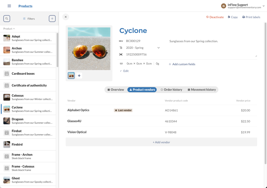 How to track different vendor product codes - inFlow Inventory