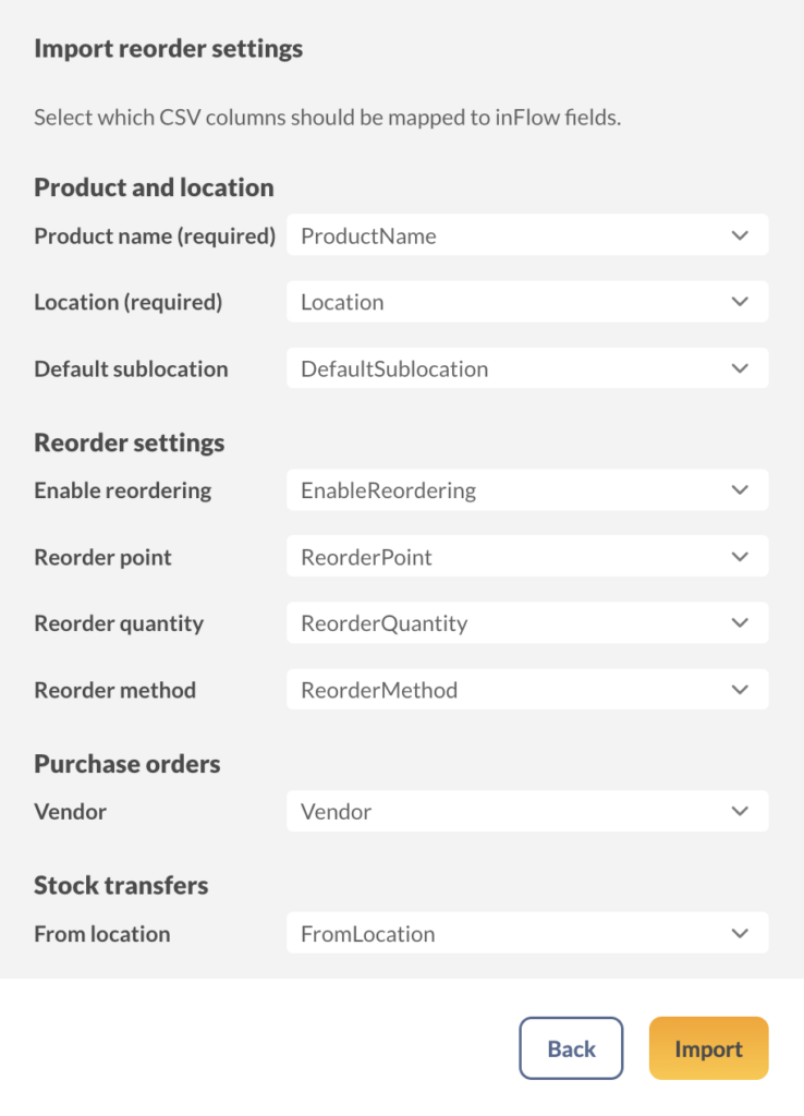 How to import reorder settings - inFlow Inventory
