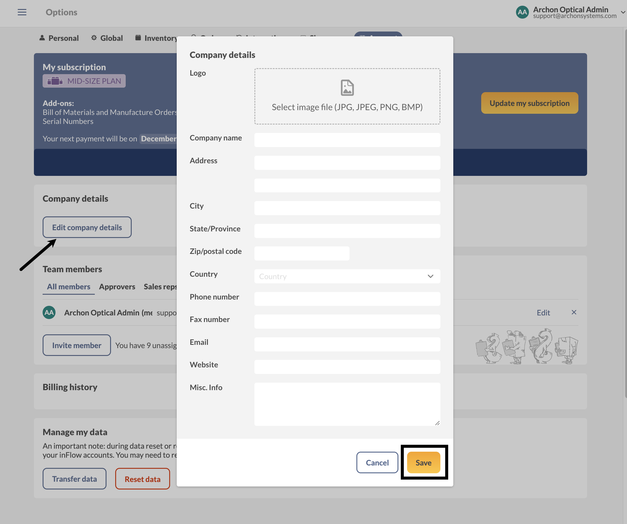 How to add/update company details in inFlow - inFlow Inventory
