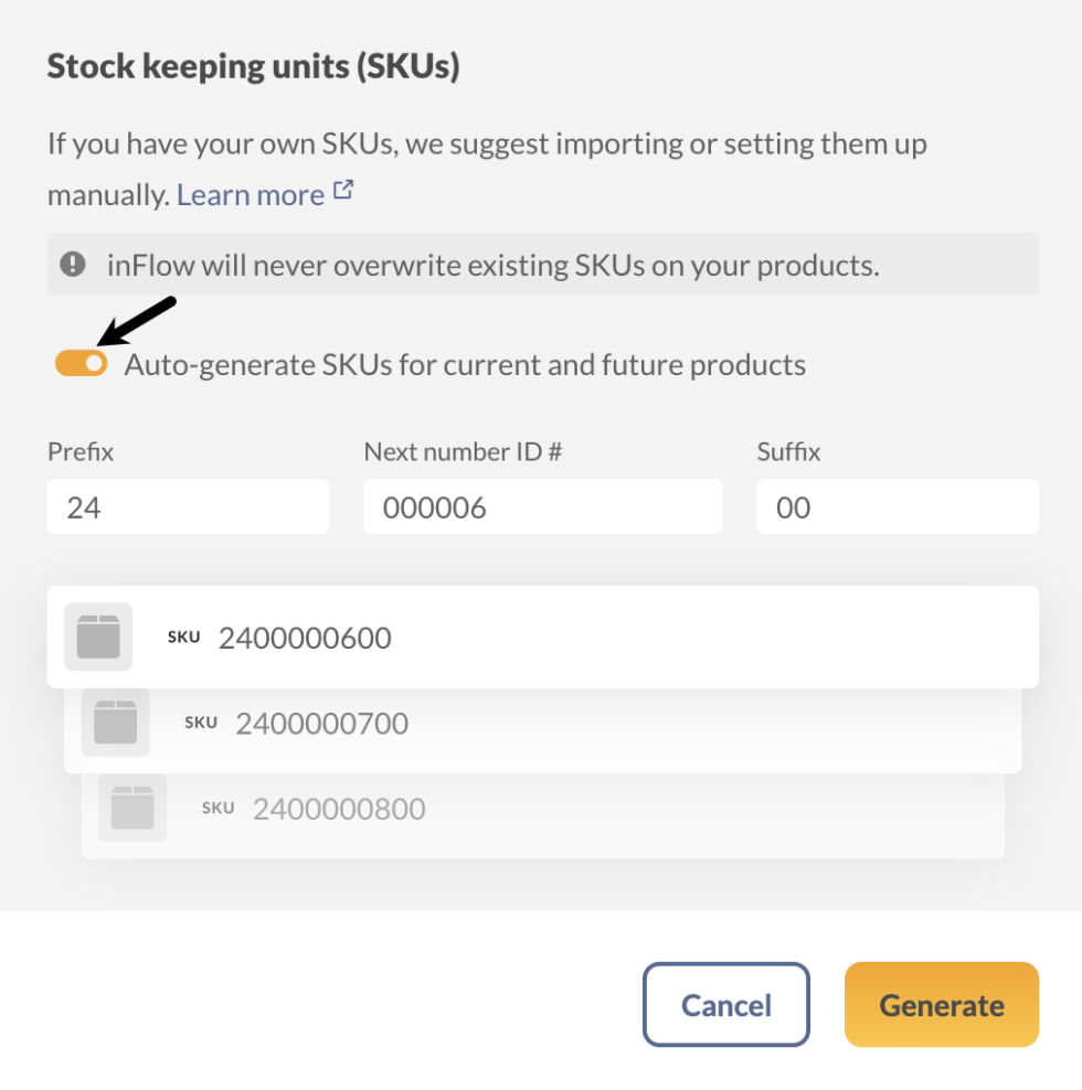 How to create/generate stock keeping units (SKUs) - inFlow Inventory