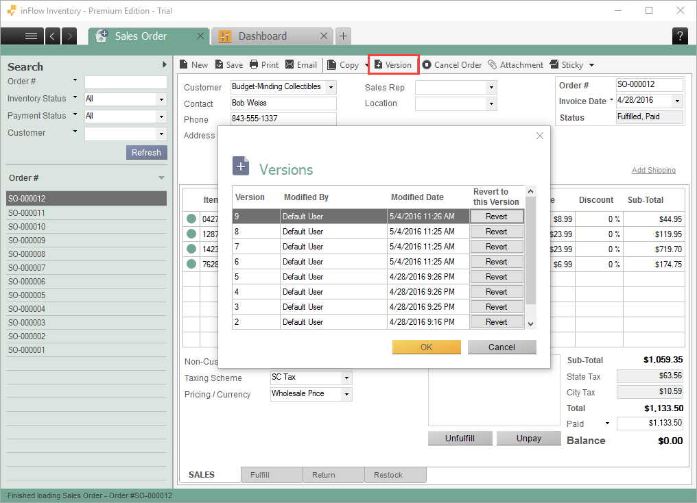 How to view previous versions/changes made to an order - inFlow Inventory